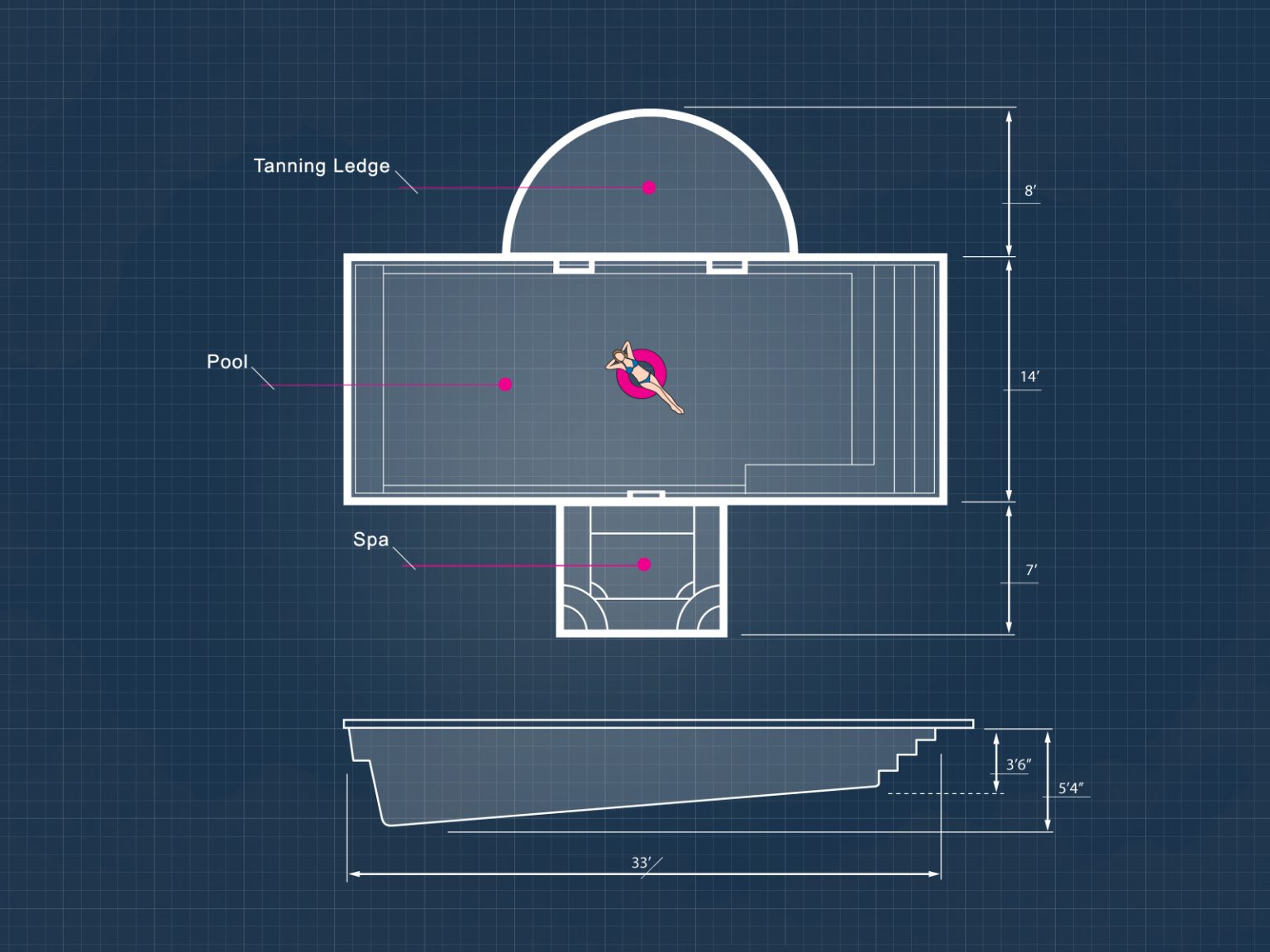 Radiance 33S - Rectangular 14' x 33' Fiberglass Pool